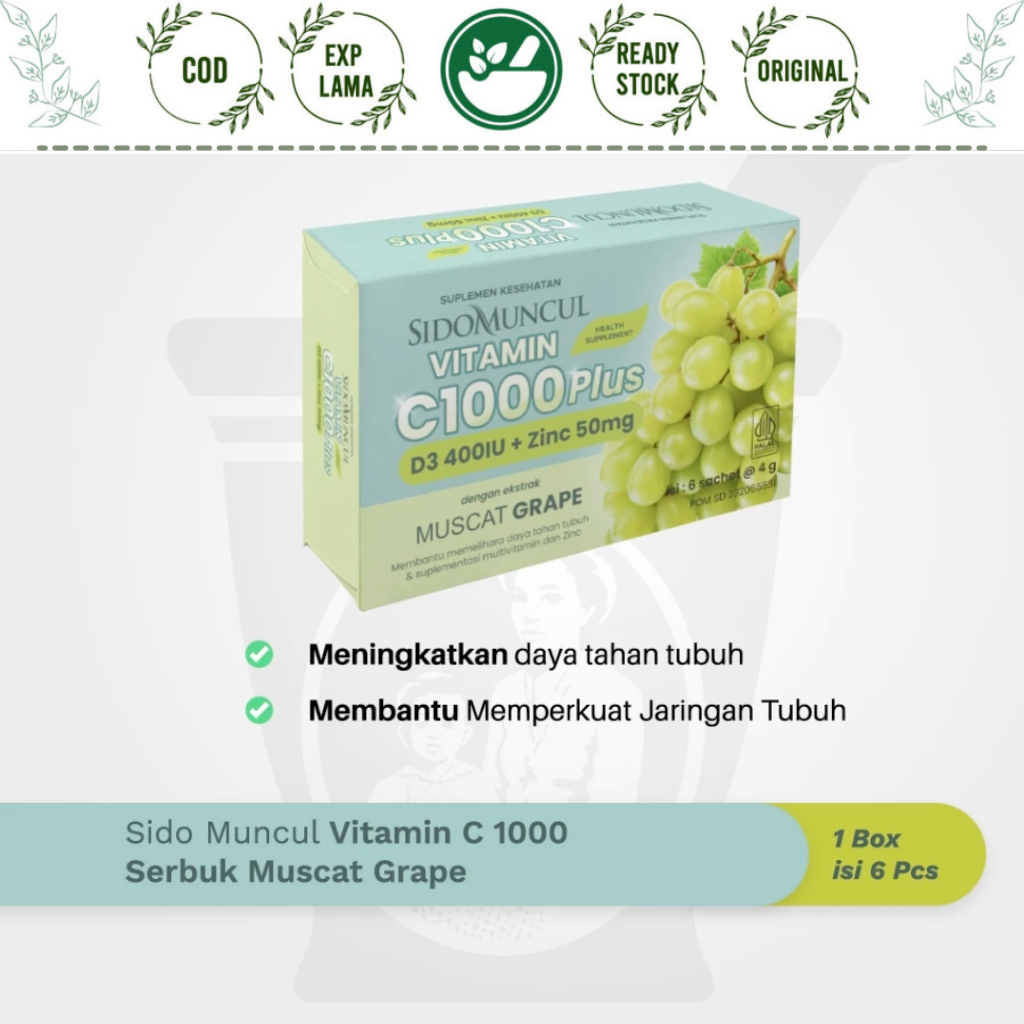 Jual SIDOMUNCUL VITAMIN C 1000 PLUS D3 400IU ZINC 50MG 6 SACHET MUSCAT ...