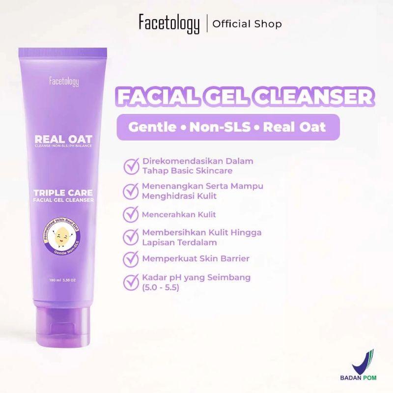 Jual FACETOLOGY Triple Care Facial Gel Cleanser Real Oat 100ml face ...