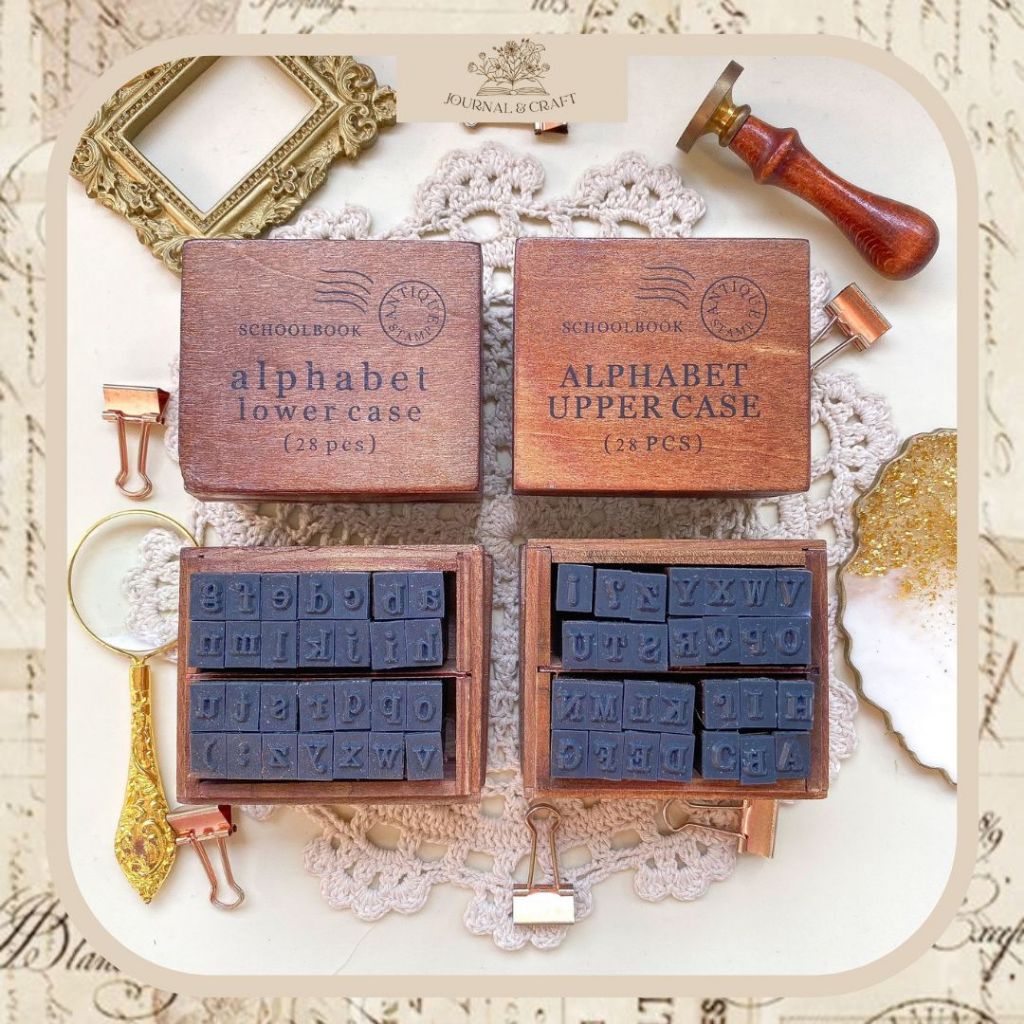 Jual 28pcs Stempel huruf Vintage wooden box alphabet number stamp cap ...