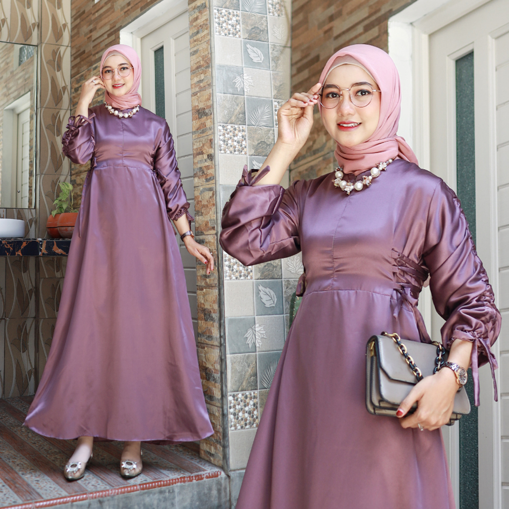 Jual Basika Dress Satin Silk Busui Friendly Gamis Satin Velvet Lengan ...
