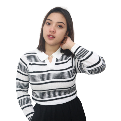 Jual Atasan Kerah Polo Rajut Wanita Kaos Berkerah Salur Lengan Panjang Style Korea | Shopee ...