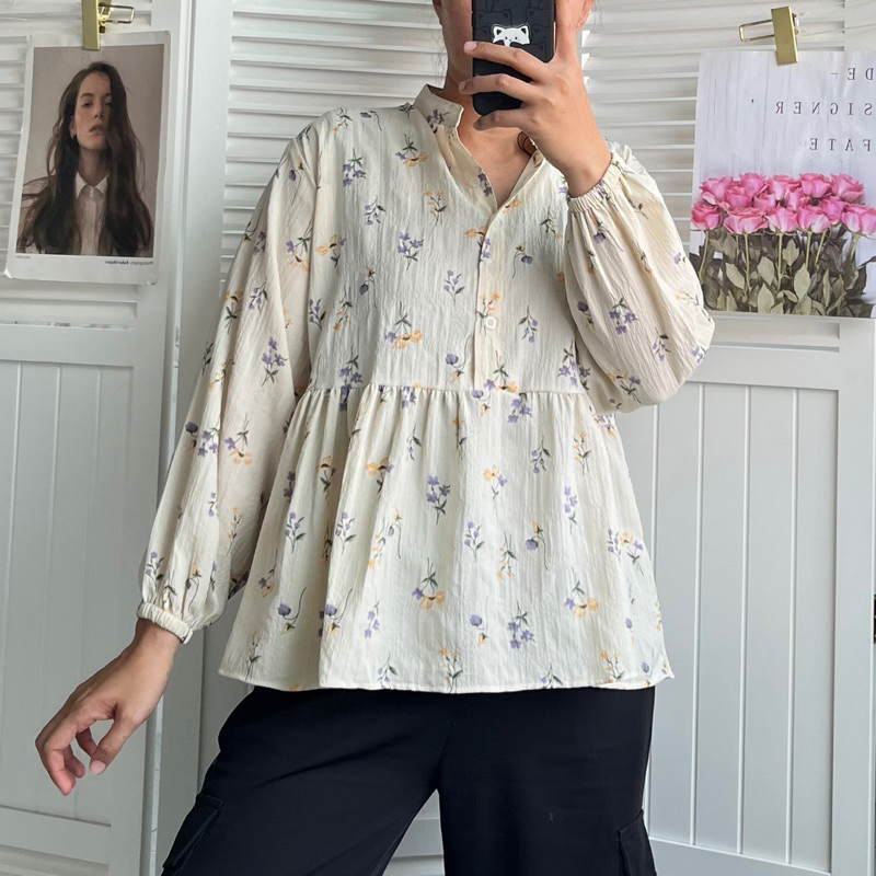 Jual Blouse wanita flower saphire crinkle lengan panjang | Shopee Indonesia