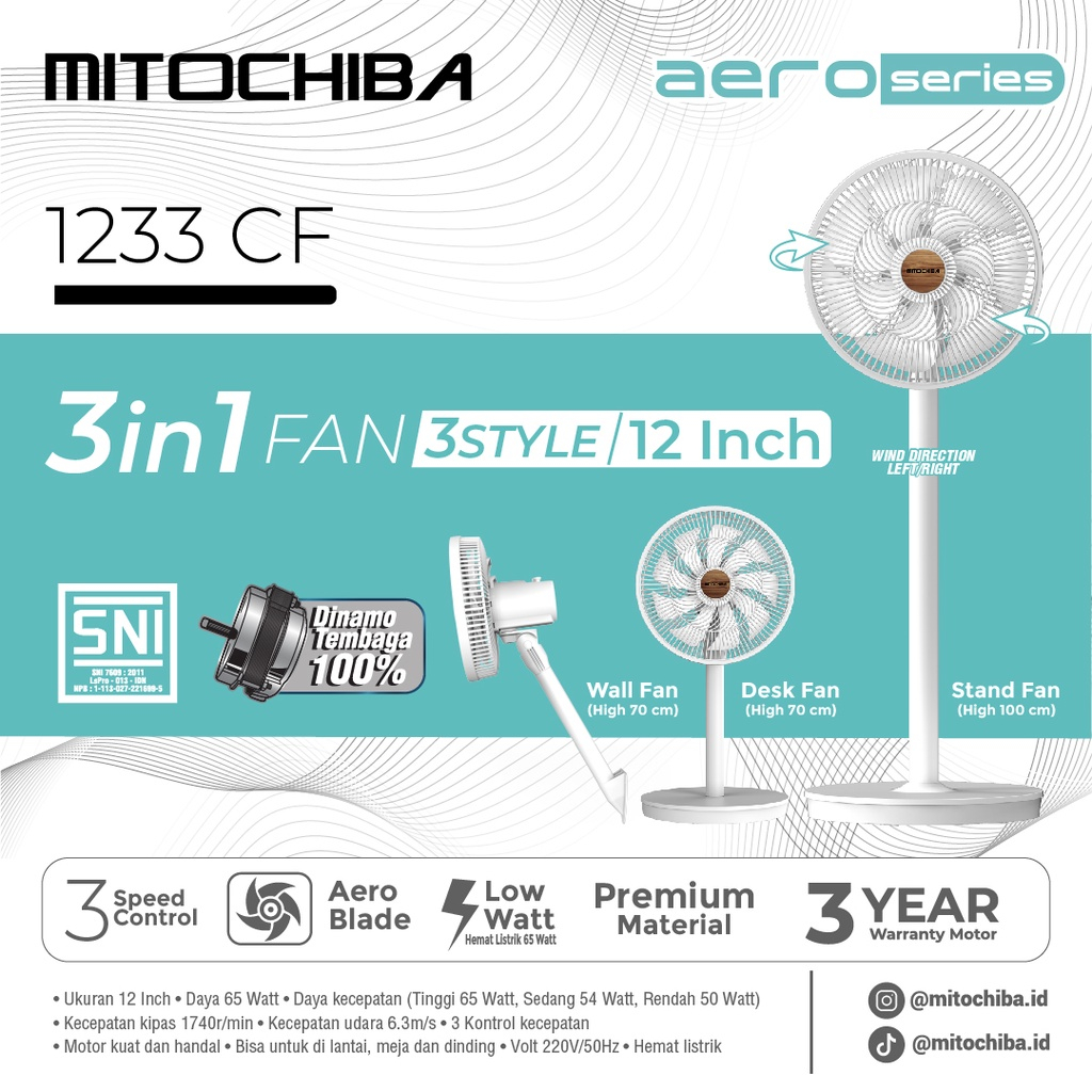 Jual Kipas Angin Mitochiba 1233 CF 3 in 1 | Stand Desk Table Fan Diameter 12 inch / 30 cm ...