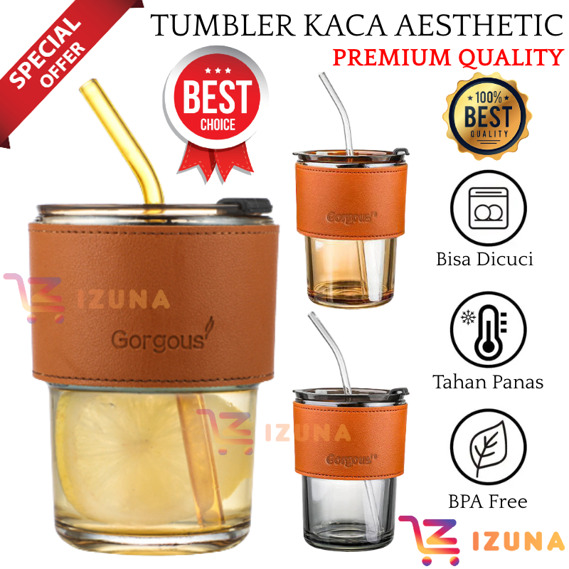 Jual [IZUNA] TUMBLER GELAS KACA 400ML / GELAS MUG KACA DENGAN SEDOTAN ...