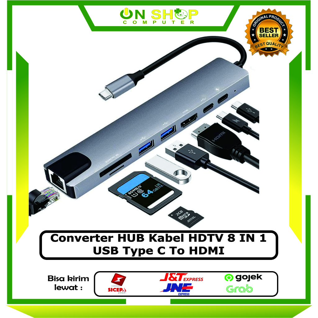 Jual Converter HUB Kabel HDTV 8 IN 1 USB Type C To HDMI Adapter 4K VGA ...