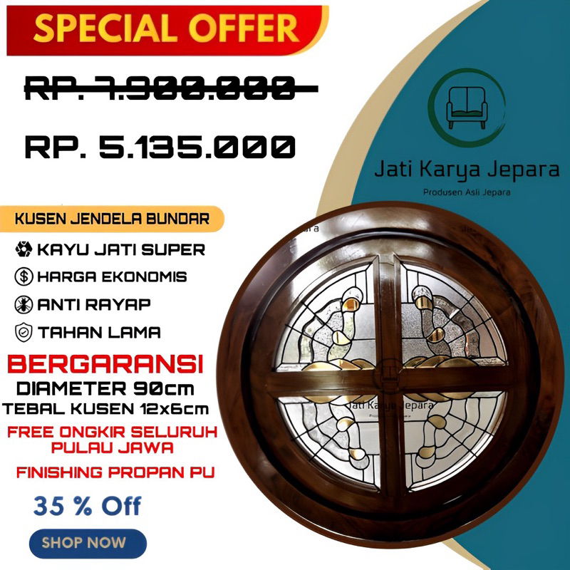 Jual Kusen Jendela Bundar 90cm Patri Kayu Jati Solid Finishing PU Paint ...