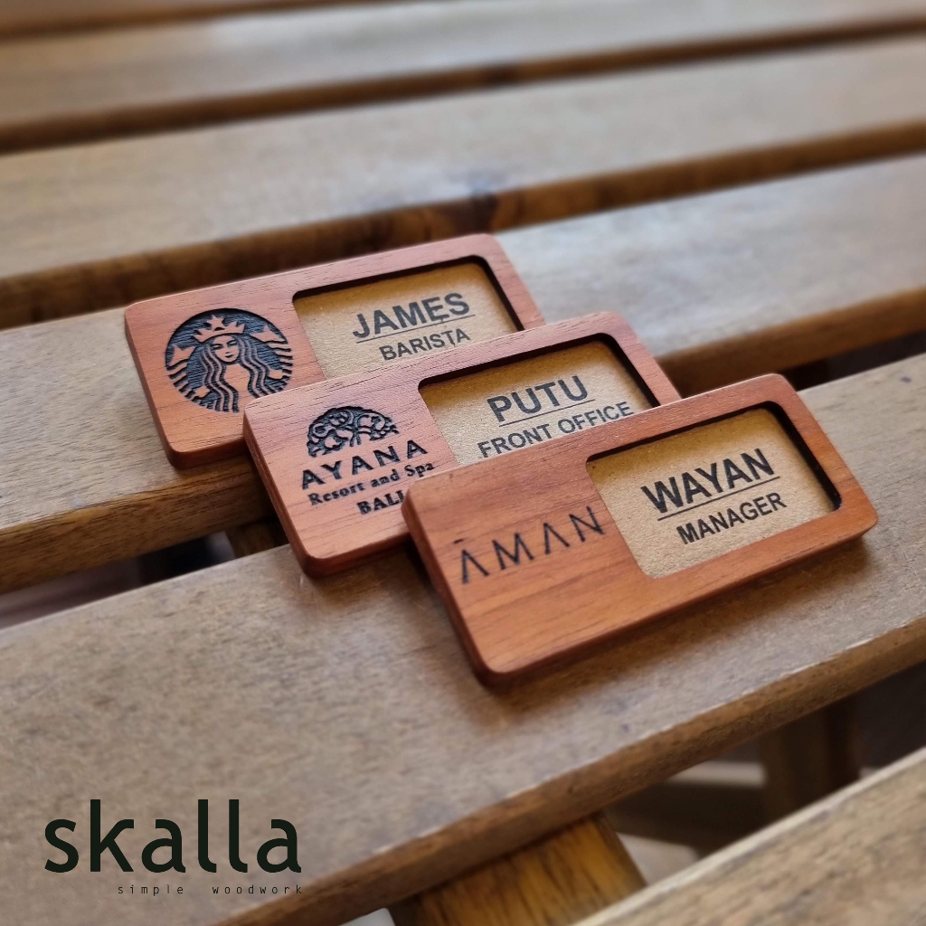 Jual name tag reusable kayu badge papan nama dada wooden nametag custom ...