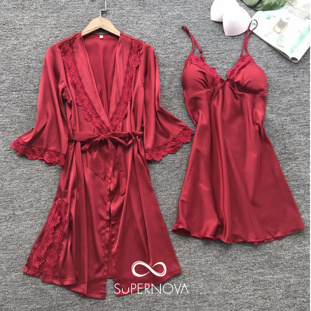 Jual [SUPERNOVA] JENNIE SET DRESS & KIMONO ROBE Satin Korea Mewah ...