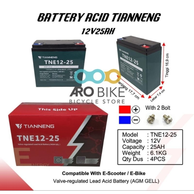 Jual Baterai / accu / aki sepeda listrik Tianneng 12V 25AH battery e-bike | Shopee Indonesia