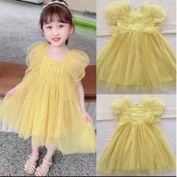 Jual (1-9y) Dress anak kuning organza gaun pesta anak tule kuning pita ...