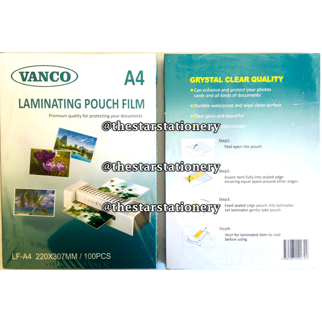 Jual (1 Pak Isi 100 Lembar) GROSIR Plastik Mika Laminating Film Vanco LF-A4 Ukuran A4 220 mm x ...