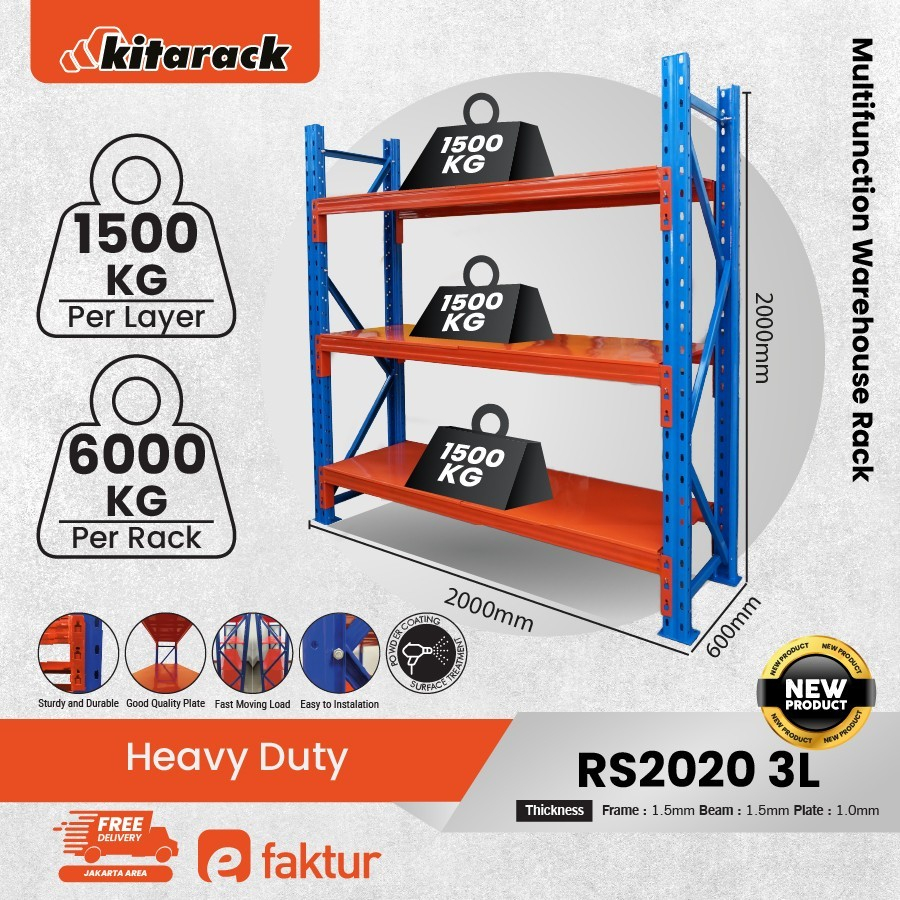 Jual RAK GUDANG KITARACK HEAVY DUTY RS2020 3 LAYER 1500KG/LAYER 6000KG ...