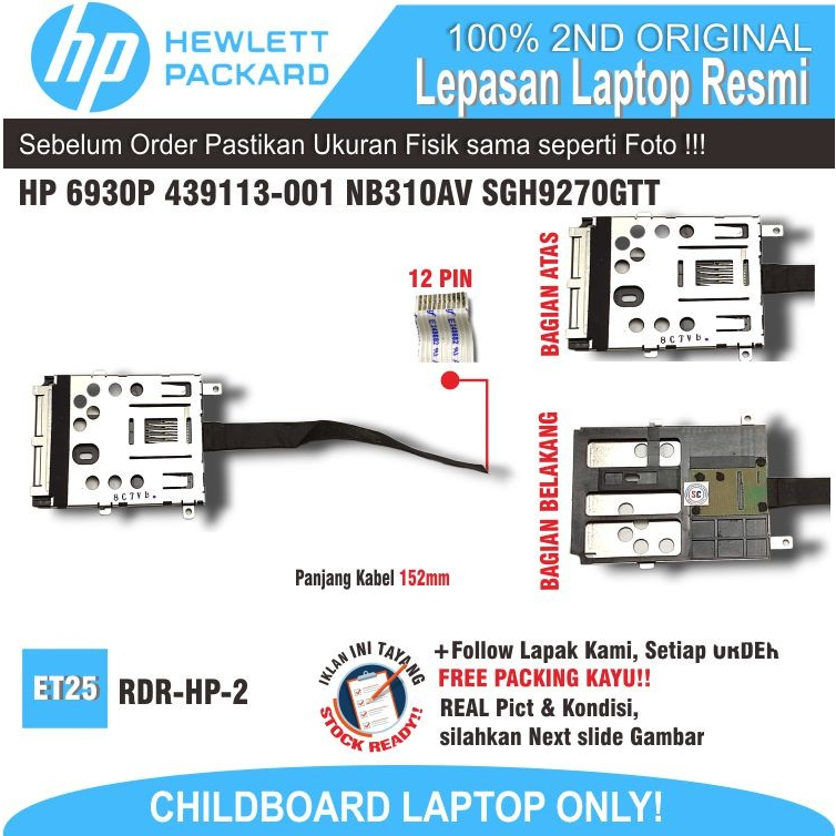 Jual ET77 SCR-HP-2 SMART CARD READER HP 6930P 439113-001 NB310AV ...