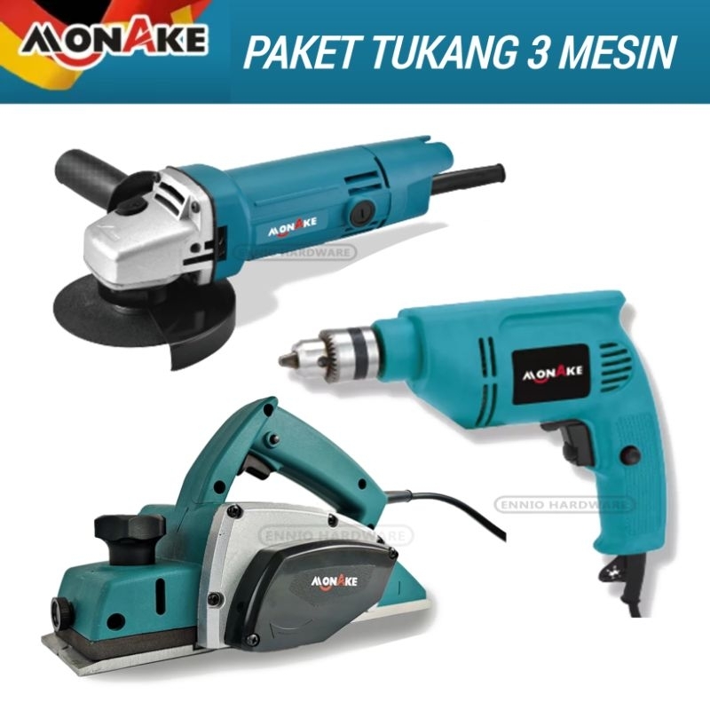 Jual PAKET TUKANG Mesin Gerinda + Bor Listrik 10mm + Planer Serut Kayu MONAKE German Technologi ...