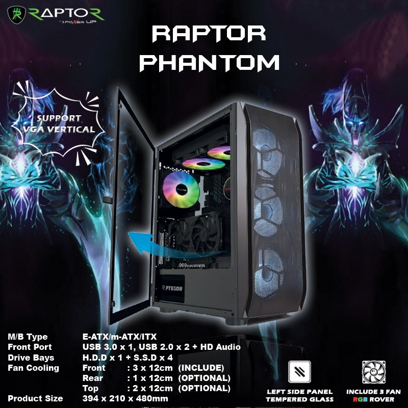 Jual Casing Gaming RAPTOR PHANTOM Black - Casing Gaming FULL ATX ...