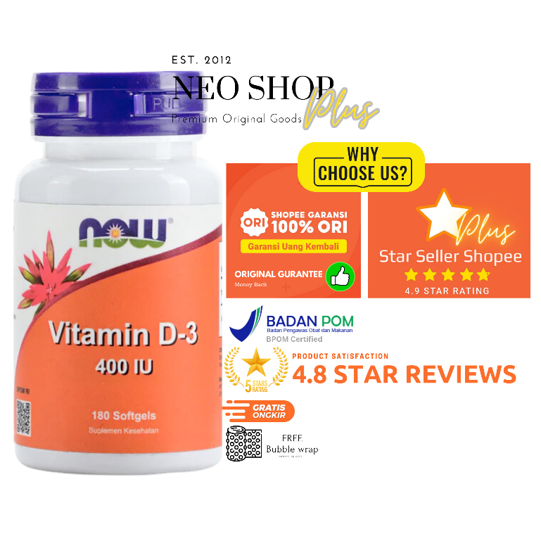 Jual Now Foods Vitamin D3 400 IU 180 softgels 400IU (BPOM) | Shopee Indonesia