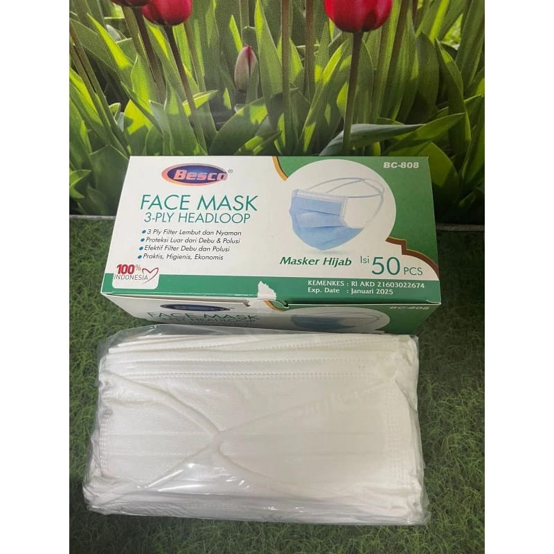 Jual MASKER HEADLOOP HIJAB 3PLY PUTIH MASKER DISPOSABLE 1 BOX ISI 50PC ...