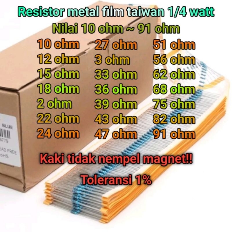 Jual Resistor metal film ORIGINAL taiwan 10R 12R 15R 18R 20R 22R 24R 27R 30R 33R 36R 39R 43R 47R ...
