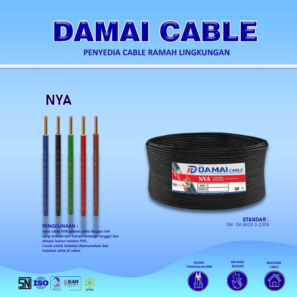 Jual NYA 1x2,5 mm2 50 - 100 Meter - Kabel Tembaga serabut Damai Cable ...