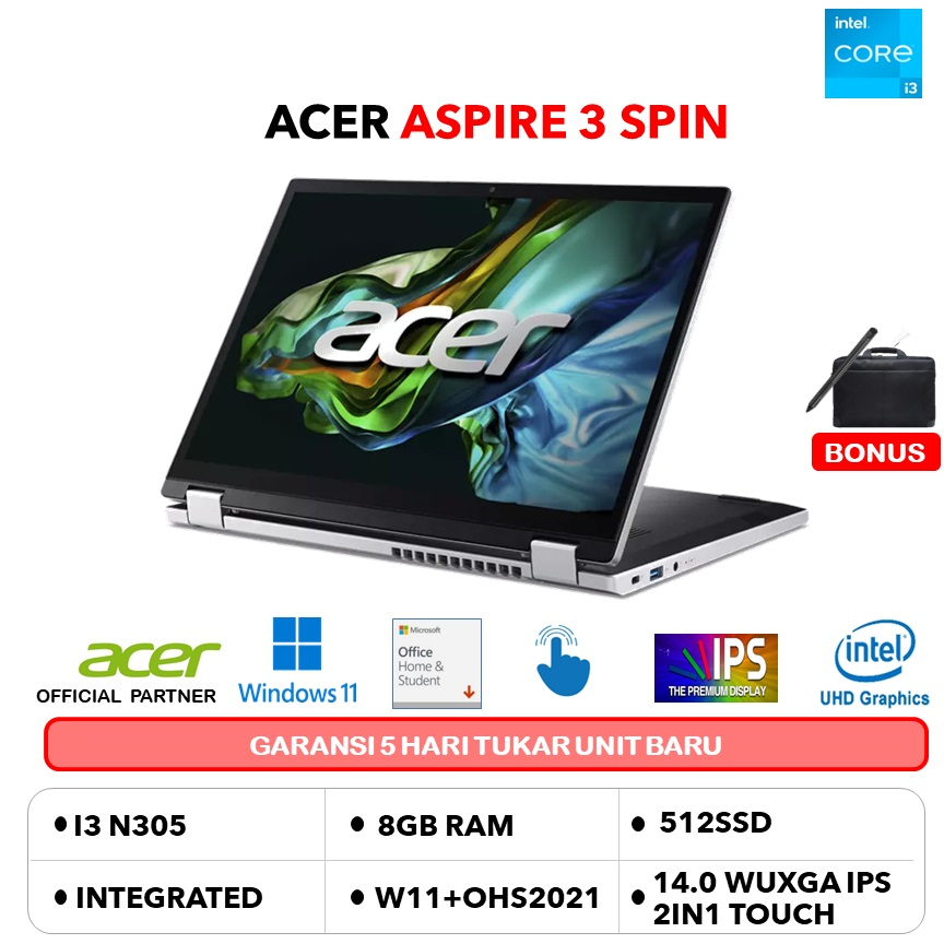 Jual ACER ASPIRE 3 SPIN TOUCH A3SP14 I3 N305 8CORE 8GB 512SSD W11+OHS ...