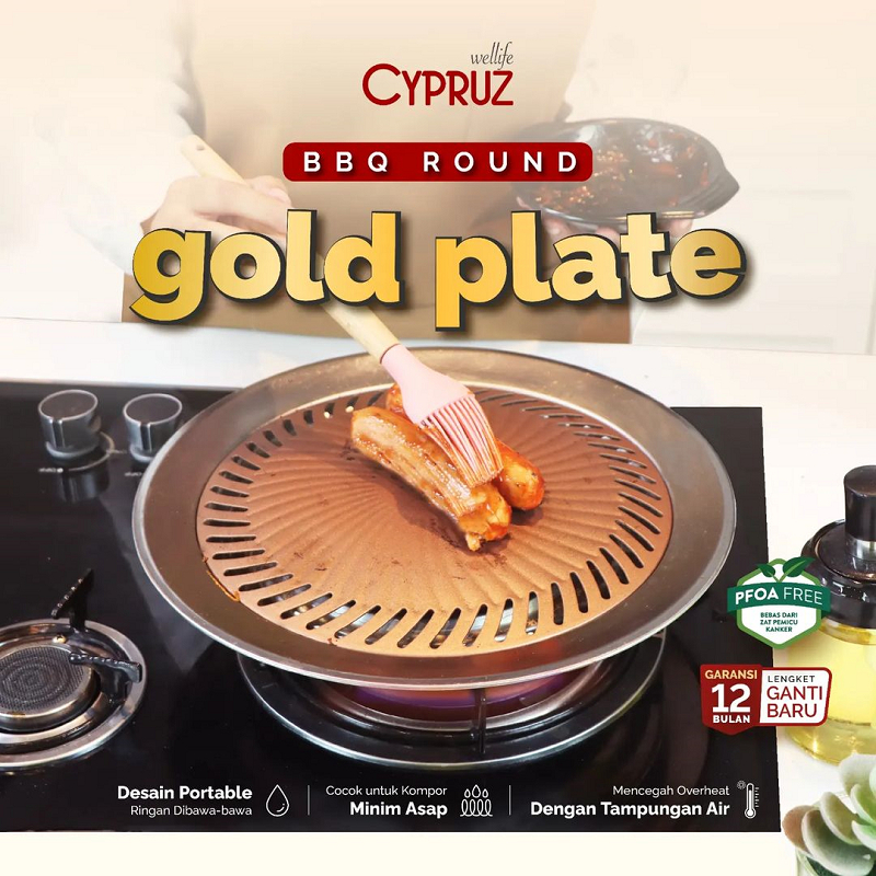 Jual Panggangan BBQ Cypruz TG 0320 Ultra Grill Pan 25 cm Smokeles Round BBQ Gold Plating ...