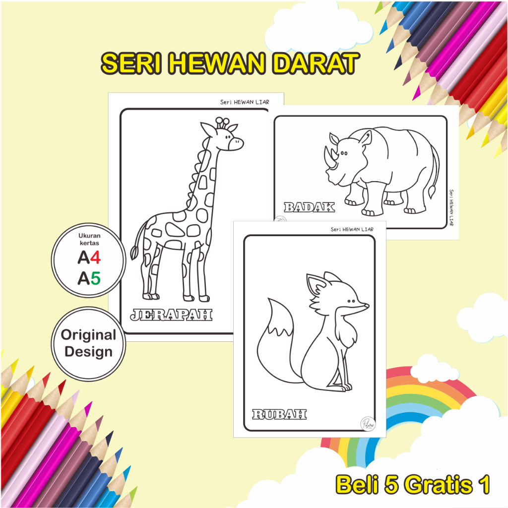 Jual Kertas Mewarnai Anak Paud/TK seri Hewan Darat Simpel - Gambar ...