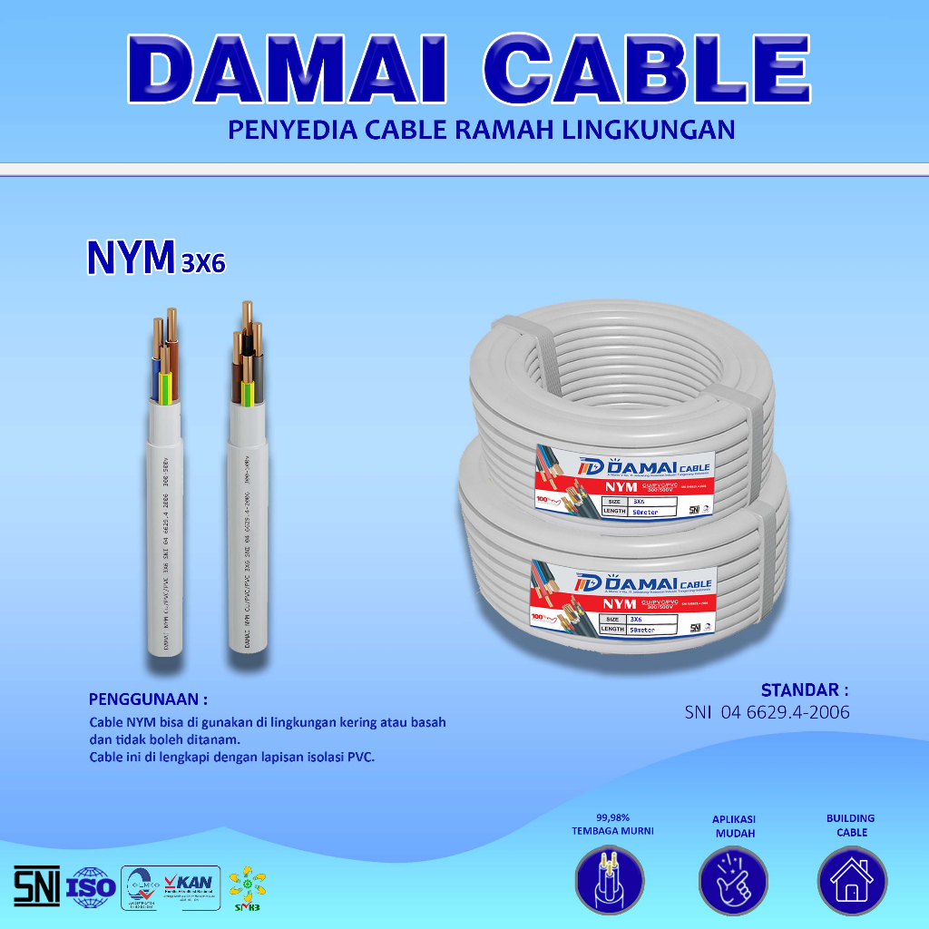 Jual NYM 3x6 mm2 50-100 Meter - Kabel Tembaga Kawat Damai Cable ...