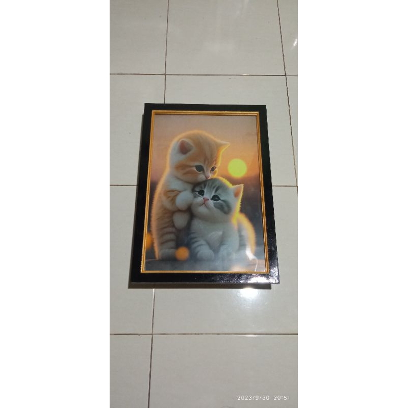 Jual hiasan dinding lukisan cetak gambar kucing imut plus bingkai ...