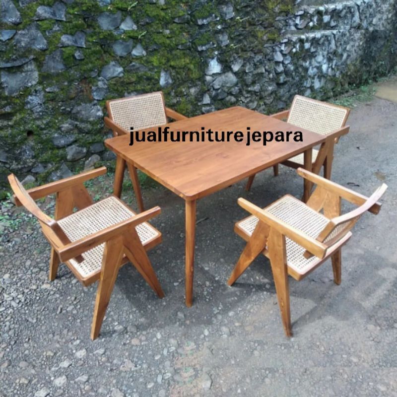 Jual meja makan 4 kursi rotan kayu jati minimalis, meja makan minimalis 4 kursi rotan kayu jati ...