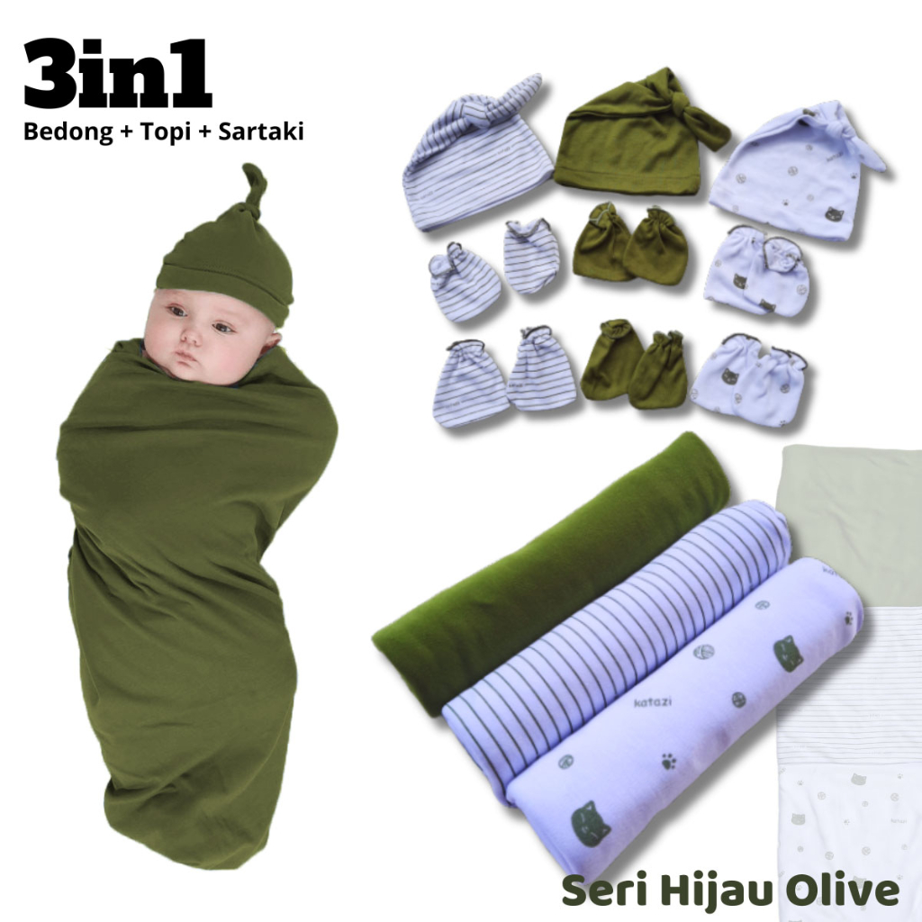 Jual Paket Bedong Bayi 3in1 + Topi Sartaki Baby Newborn Seri Hijau ...