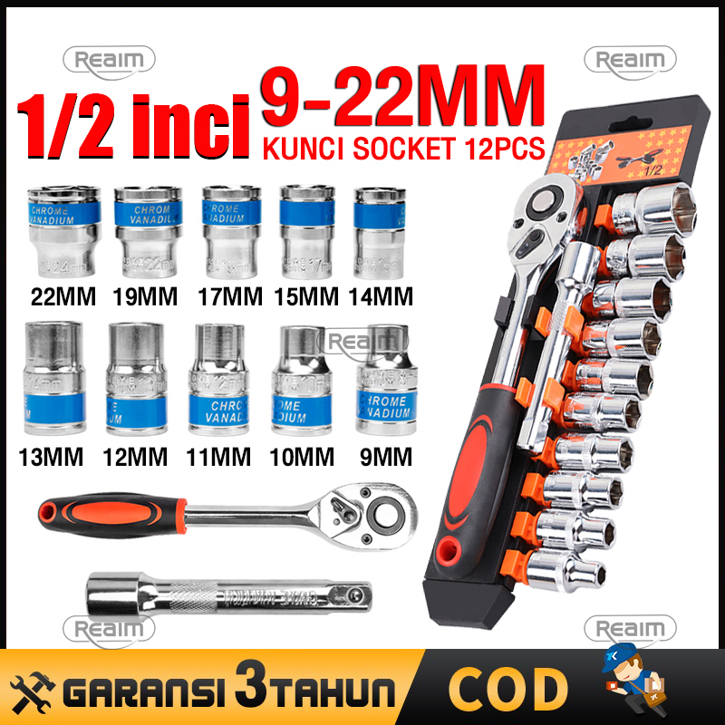 Jual Reaim Kunci Set 1/2inci Socket Sok 12pcs CR-V Kunci Sok Wrench ...