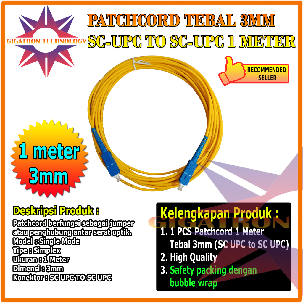 Jual Patch Cord SC UPC Kabel Fiber Optic Single Mode 1M Patchcord FO Warna Kuning 1 Meter SC-SC ...