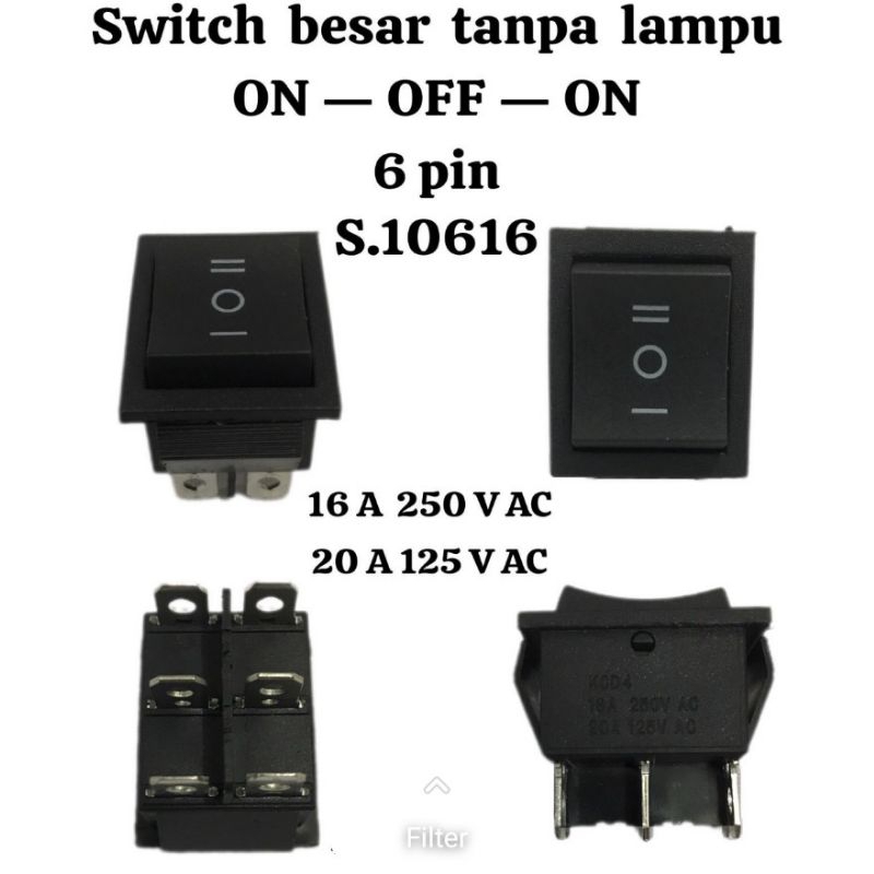 Jual Saklar Sakelar Rocker Switch Besar Hitam 6 Pin 6 Kaki On-Off-On ...