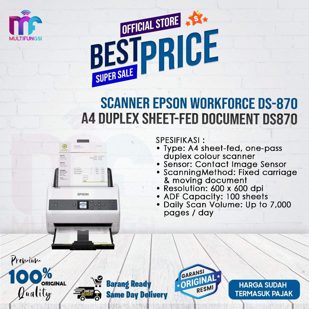 Jual Scanner Epson WorkForce DS-870 A4 Duplex Sheet-fed Document DS870 ...