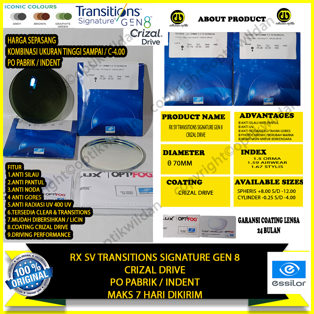 Jual ESSILOR NIGHT VISION SV GOSOK / PO PABRIK CRIZAL DRIVE CLEAR ...