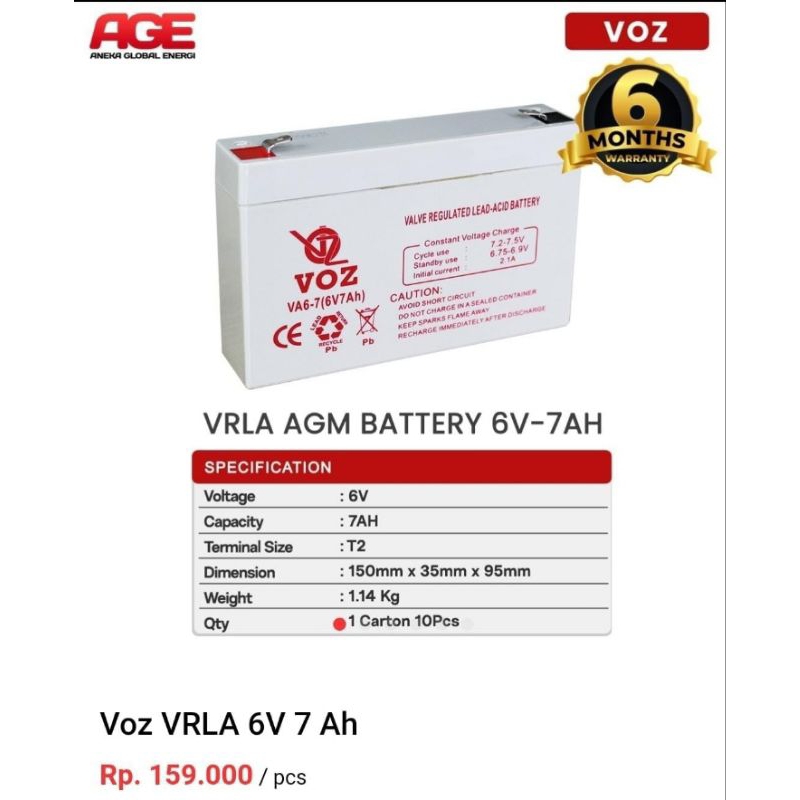 Jual Baterai Voz VRLA AGM Aki kering 6 Volt 6V / 7Ah | Shopee Indonesia