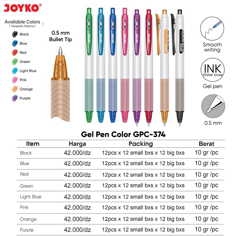 Jual ( 1 pcs ) GPC374 Pulpen Retractable tinta Warna Warni Joyko ...