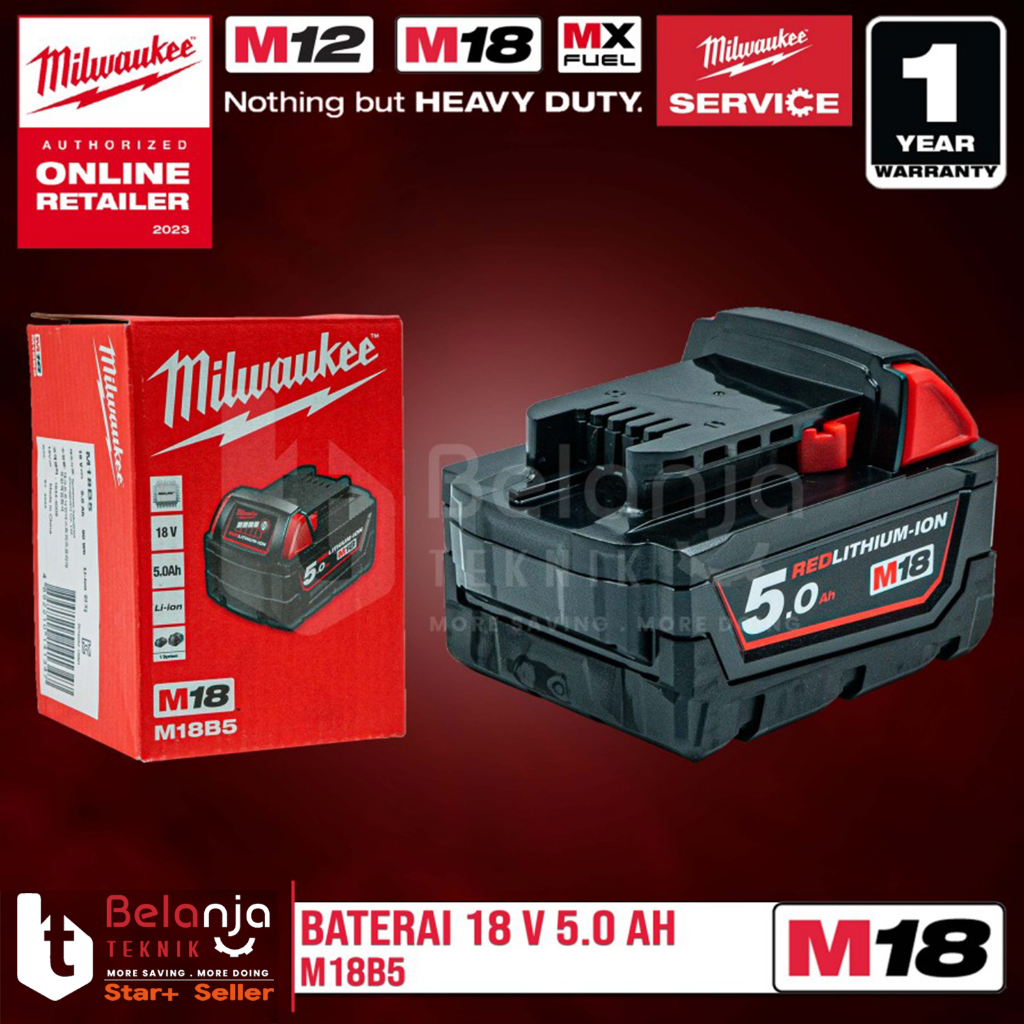 Jual Milwaukee Battery M18B5 Baterai 18 Volt 5 Ampere Cordless Lithium ...