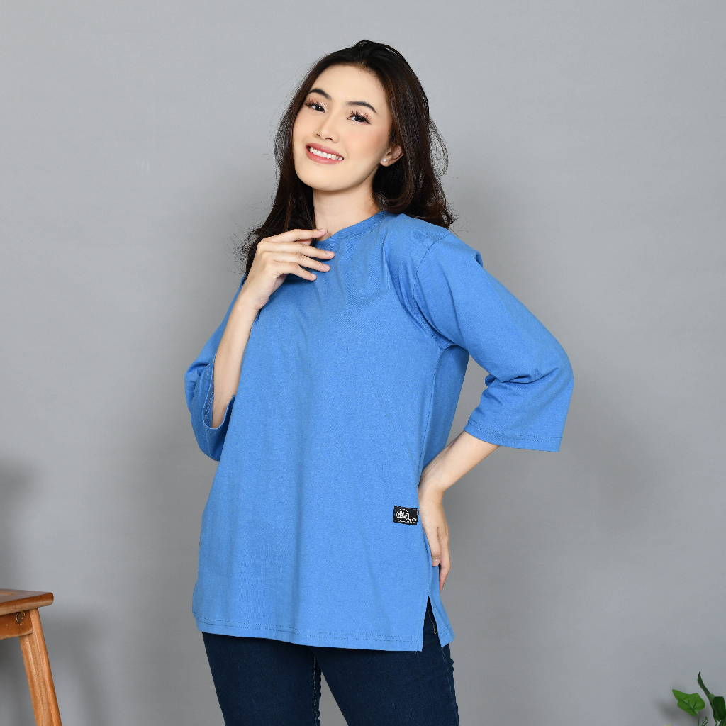 Jual KAOS POLOS BLUES WANITA LENGAN 7/8 COTTON COMBED 24S PREMIUM | Shopee Indonesia