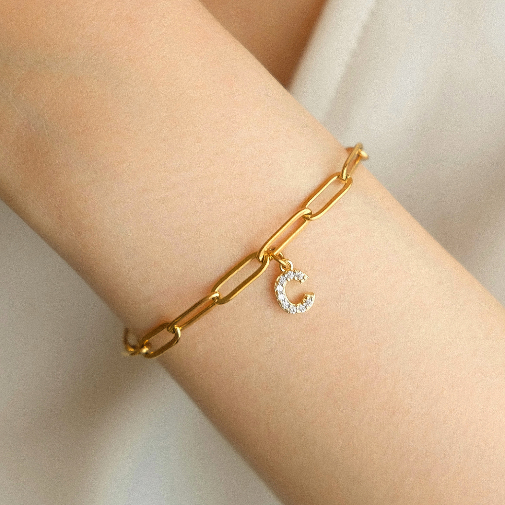 Jual Bold Zirconia Inlaid Initial Alphabet Bracelet — 18K Gold Plated ...