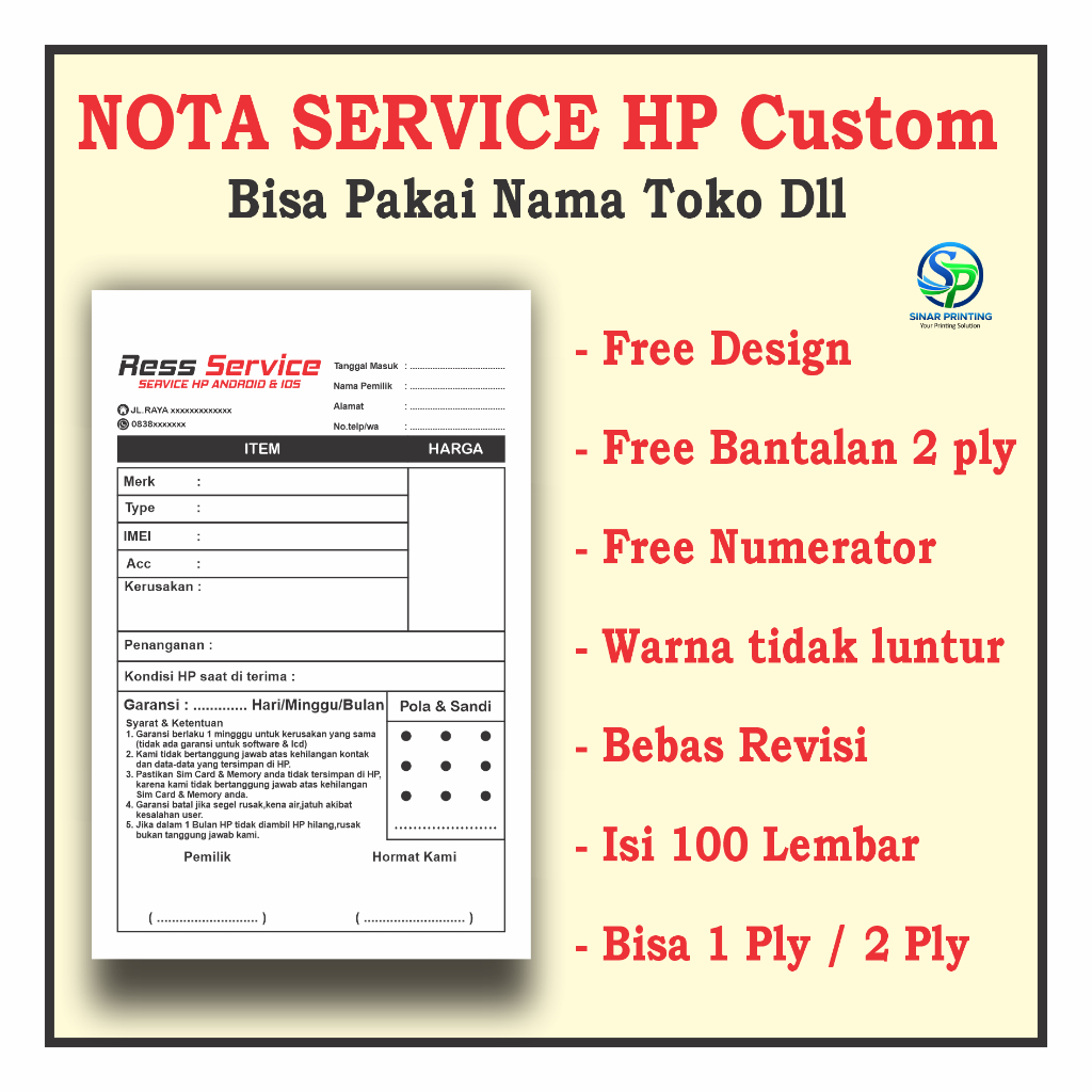 Jual Cetak Nota Service HP Custom 1 Rangkap 2 Rangkap | Shopee Indonesia