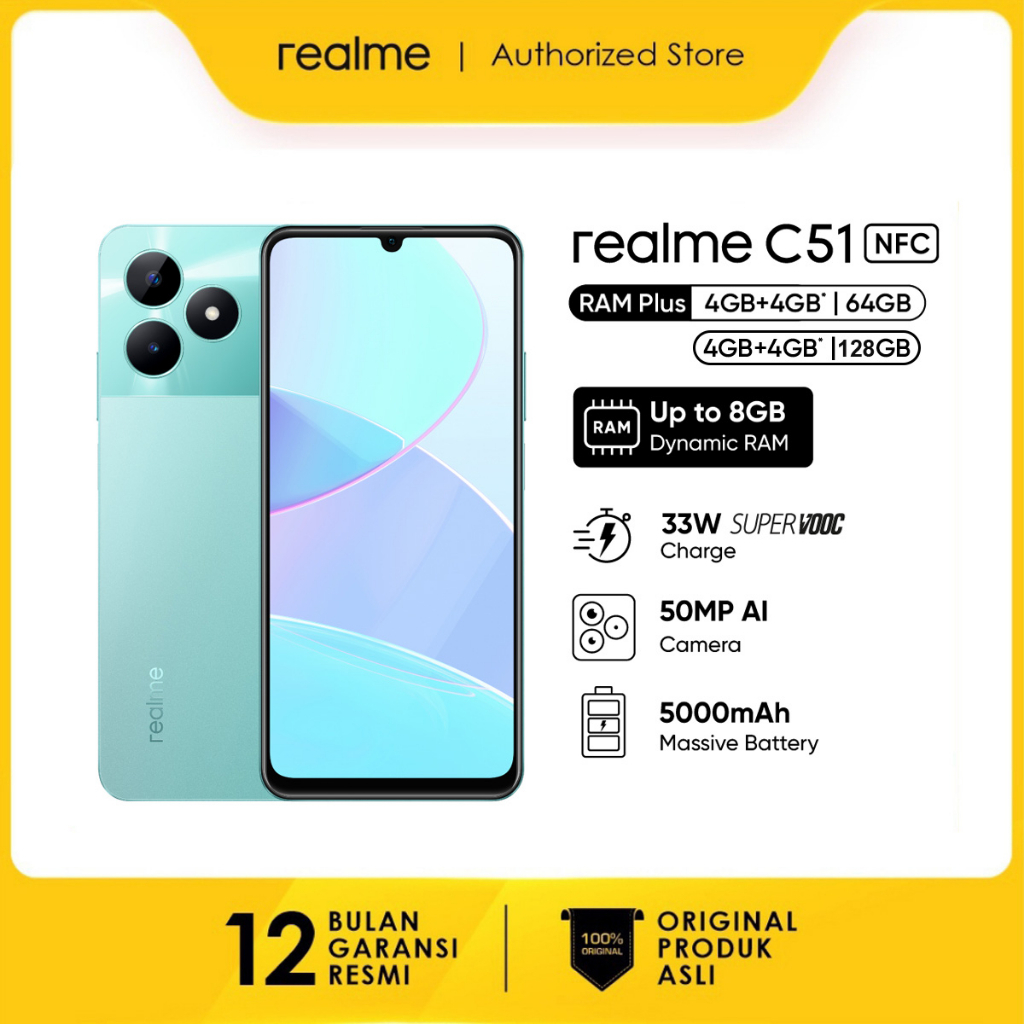 Jual realme C51 NFC 4GB*4GB+64GB | 4GB*4GB+128GB | 50MP AI Camera | 33W ...