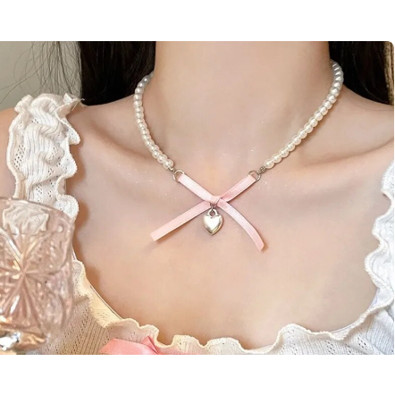 Jual Y2K Bowknot Pearl Necklace Beaded Heart Pendant Choker Women Adjustable | Shopee Indonesia