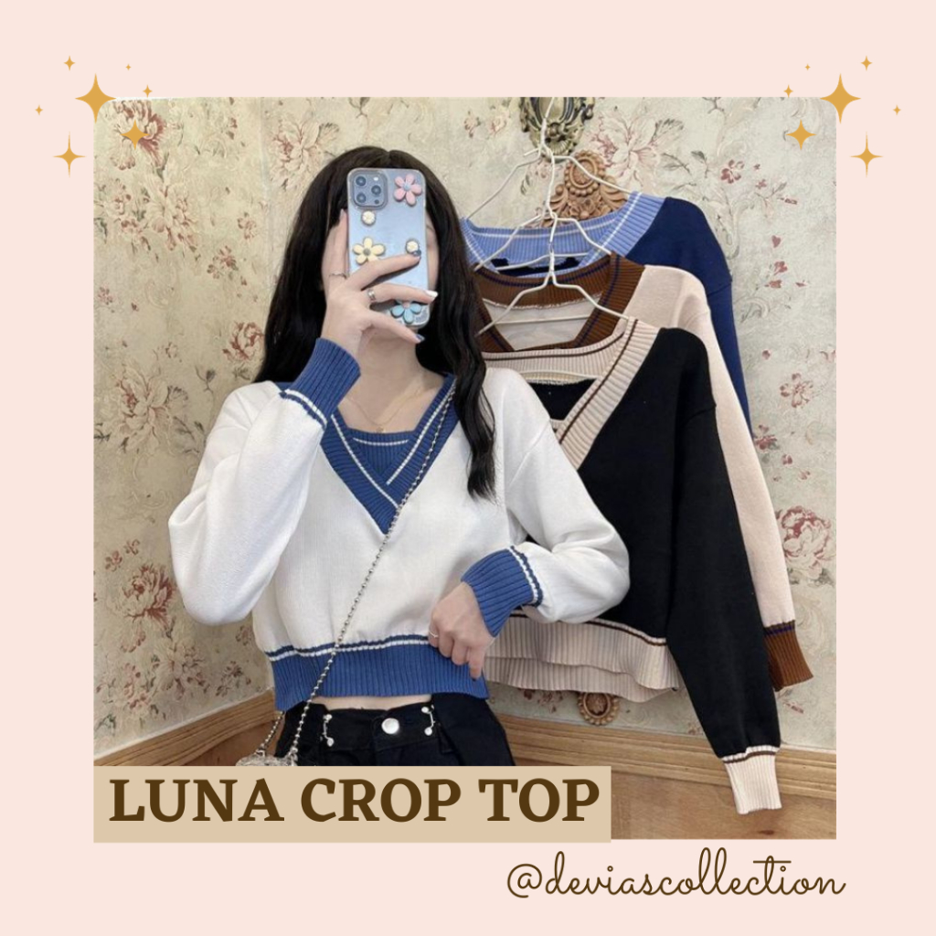 Jual Luna Sweater Crop Top Knit Rajut / Atasan Rajut Wanita Crop Korean Style | Shopee Indonesia
