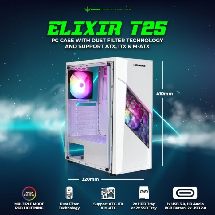 Jual CASING CASE PC KOMPUTER GAMING NYK T25 ELIXIR PUTIH HITAM RGB ...