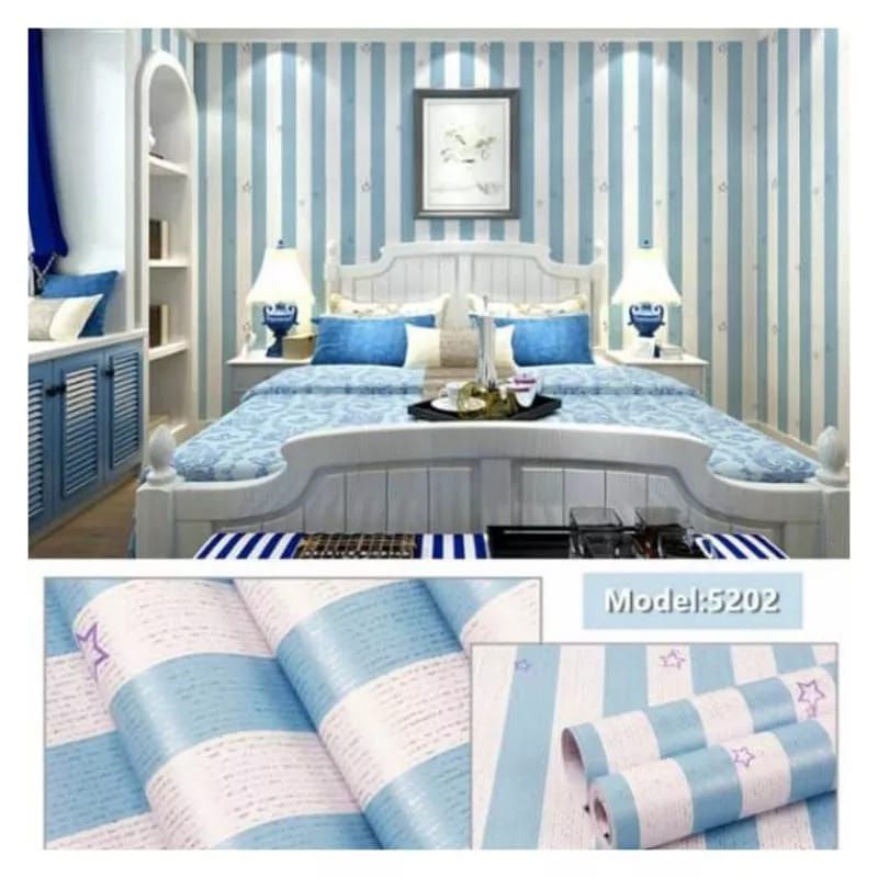 Jual Wallpaper Sticker Dinding Motif Garis Salur Biru Bintang PVC Full Lem Perekat Elegan ...