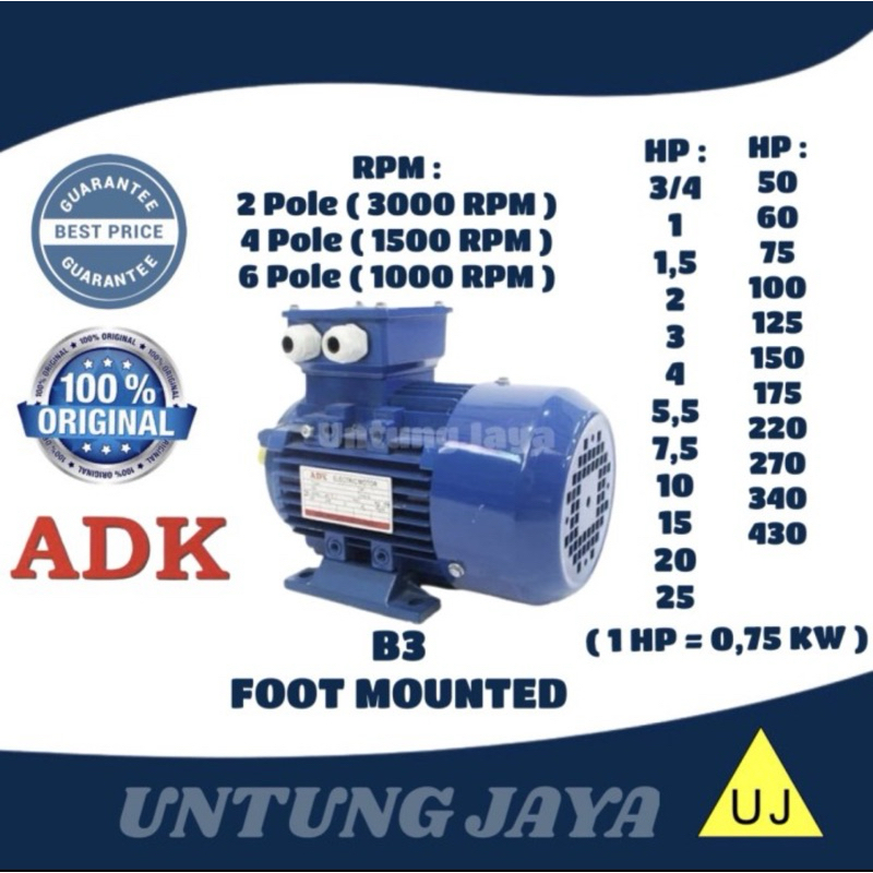 Jual DINAMO ELEKTRO MOTOR ADK 3 PHASE 3HP 2,2KW 4 POLE 1500 RPM / ELEKTRIK MOTOR ADK | Shopee ...