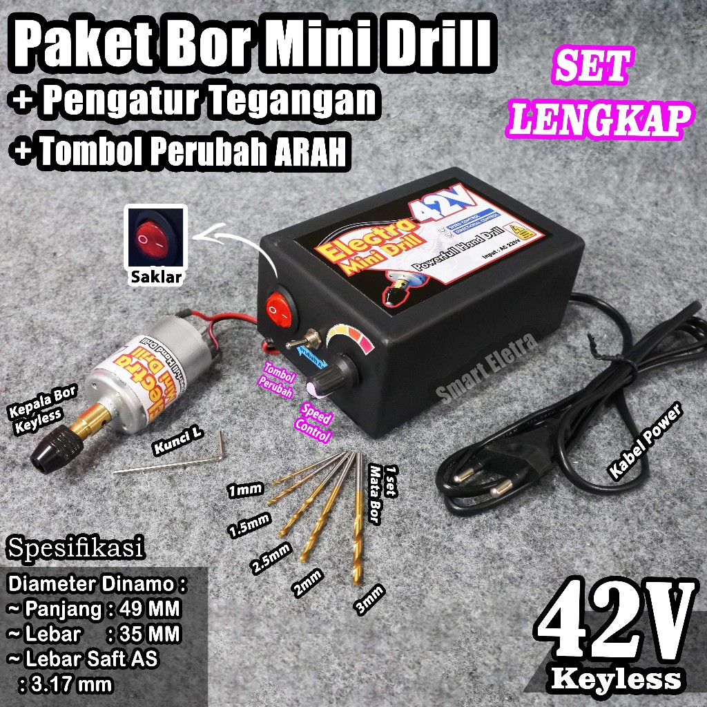 Jual Paket Bor Mini Drill DC 42V Plus Speed kontrol dan Perubah Arah ...