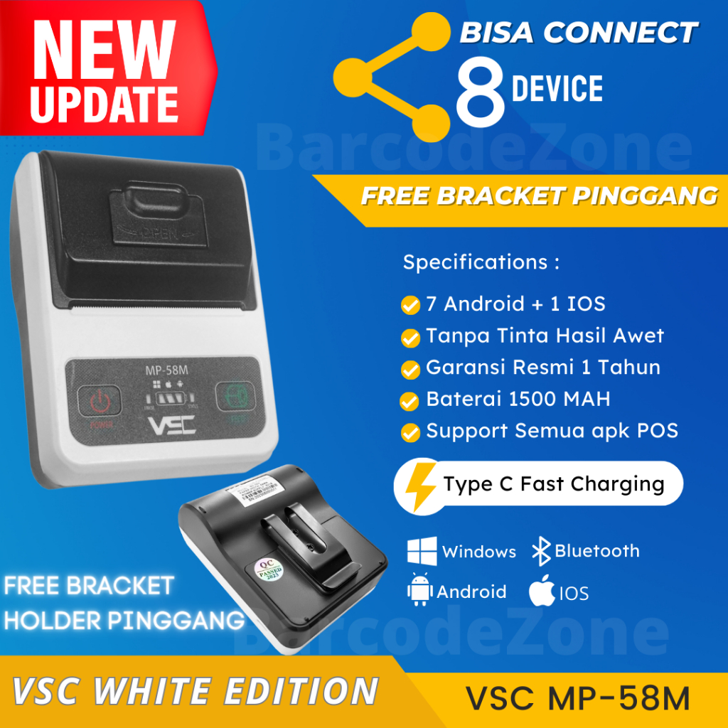 Jual PRINTER BLUETOOTH THERMAL VSC MP-58M PUTIH 58mm SUPPORT FAST CHARGE / CHARGING - TYPE C ...