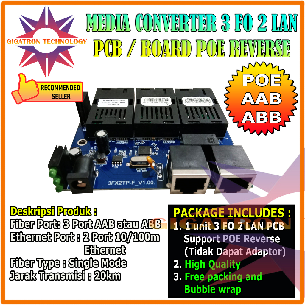 Jual Media Converter Fiber Optic 3 Port FO 2 Port LAN POE 10/100 PCBA ...